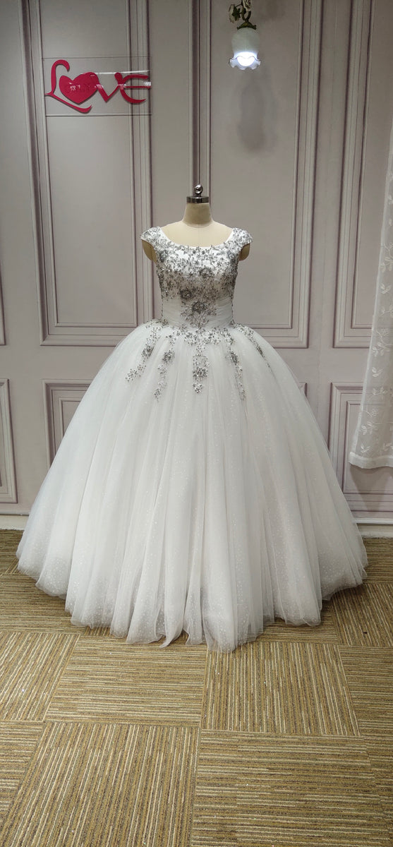 Cap sleeves lace appliques sliver crystals rhinestones beaded ball gow ...