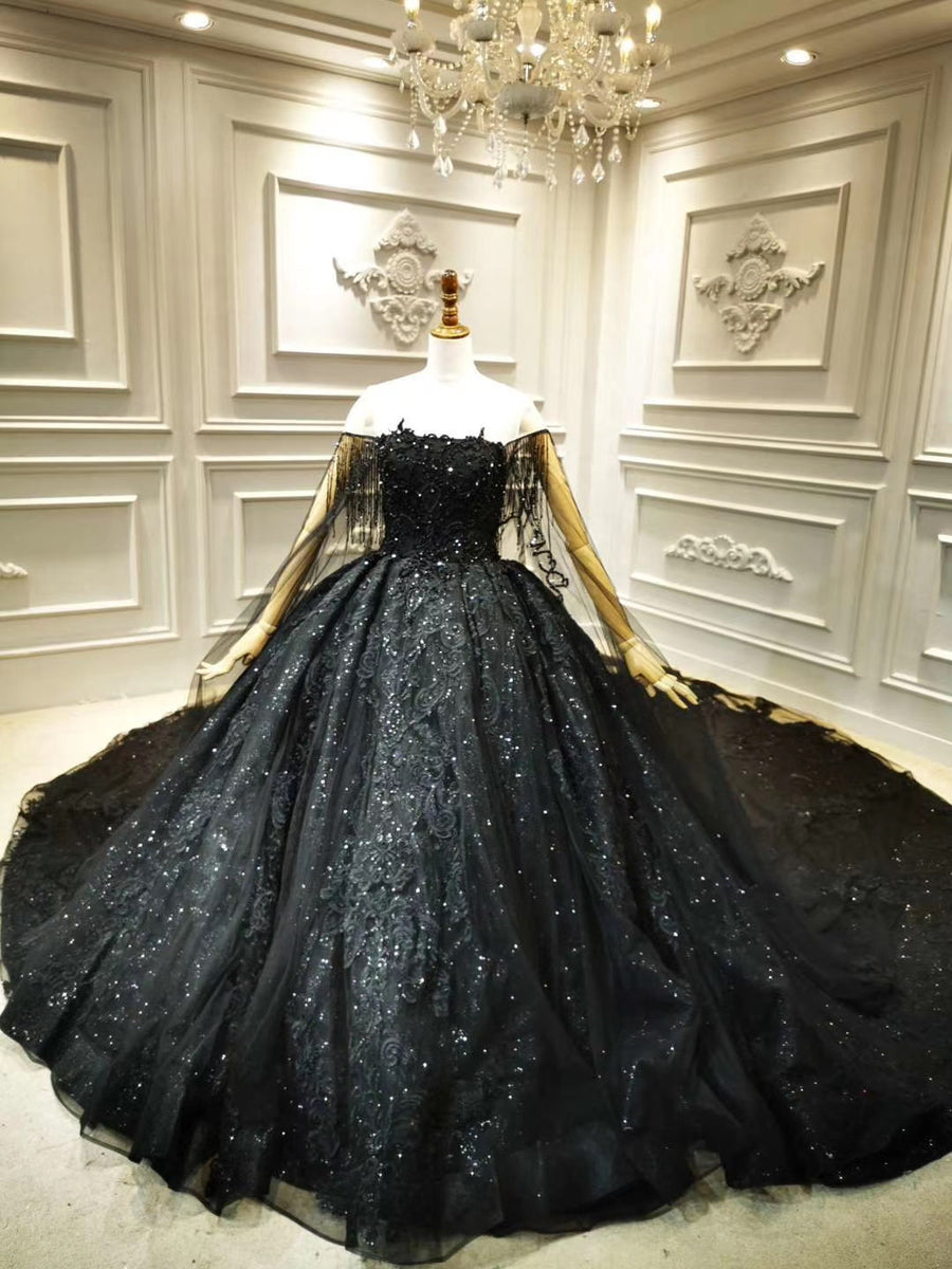 Unique off shoulder black lace sparkling glitter ball gown wedding pro ...